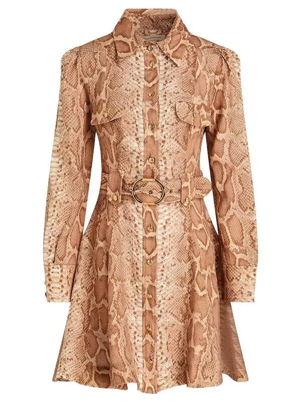 Zimmermann Belted Snakeprint Linen Mini Shirt Dress - Animal Print
