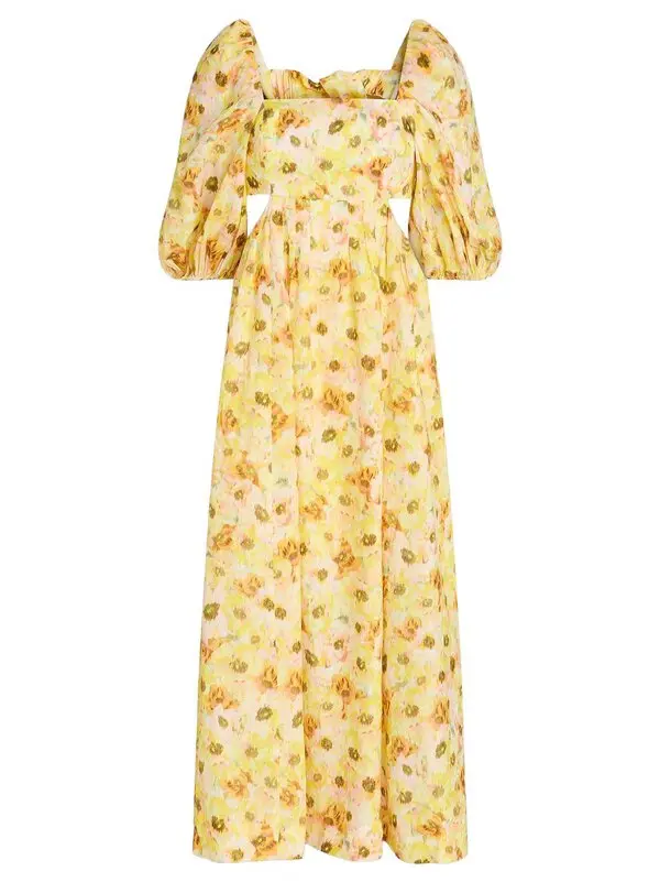 Zimmermann Floral-print Linen Midi Dress With Open Back - Yellow