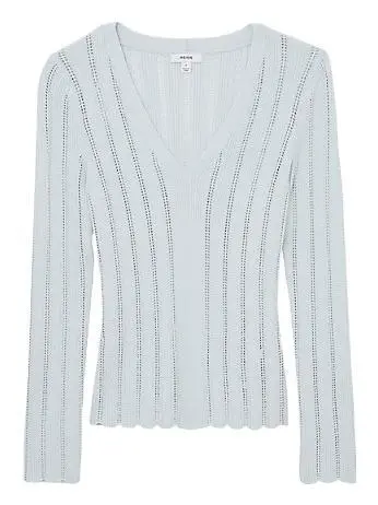 REISS Open-stitch V-neck Knitted Jumper - Pale Blue