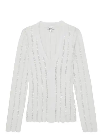 REISS Open-stitch V-neck Knitted Jumper - White