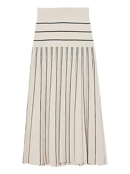 REISS Alice Stripe Pleated Knitted Midi Skirt - Ivory Black