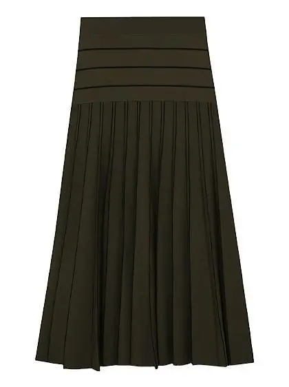 REISS Alice Stripe Pleated Knitted Midi Skirt - Khaki Green Black