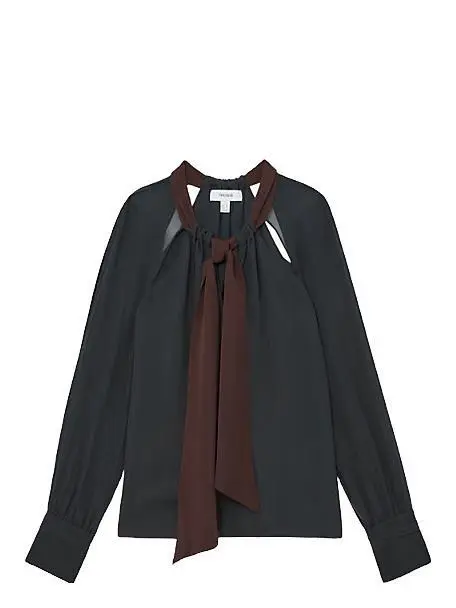 REISS Jasmine Tie-neck Woven Blouse - Navy Burgundy