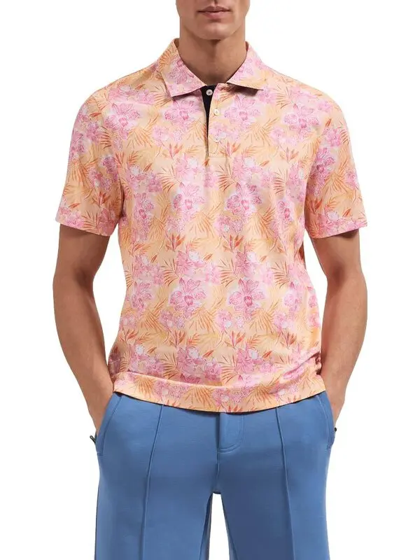 Bugatchi Hendrix Floral Pima Cotton Polo - Peach