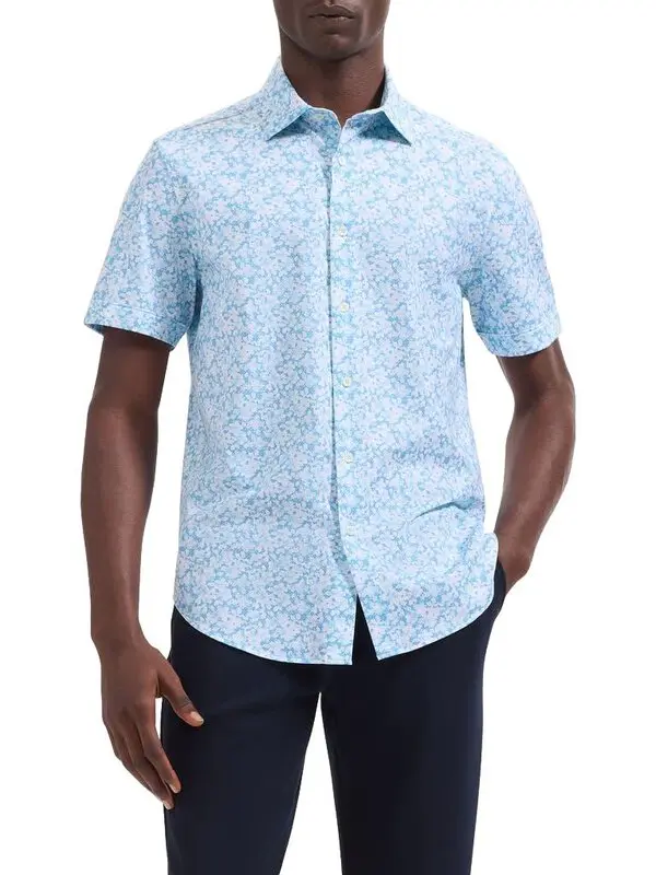 Bugatchi Miles Ooohcotton® Watercolor Floral Print Short Sleeve Button-up Shirt - Teal
