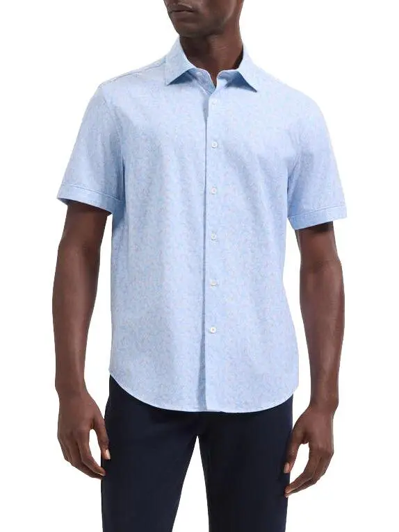Bugatchi Miles Ooohcotton® Watercolor Leaf Print Short Sleeve Button-up Shirt - Vista Blue