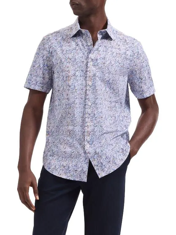 Bugatchi Miles Ooohcotton® Tropical Leaf Print Short Sleeve Button-up Shirt - Iris