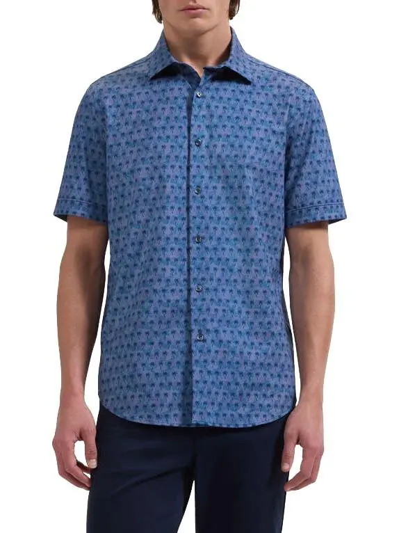 Bugatchi Miles Ooohcotton® Textured Palm Print Short Sleeve Button-up Shirt - Navy