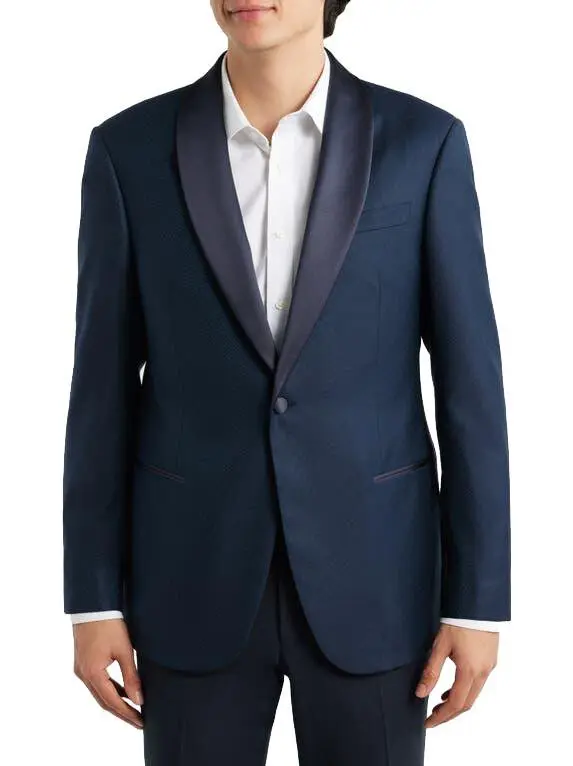 Emporio Armani Shawl Collar Geometric Jacquard Virgin Wool Tuxedo Jacket - Navy