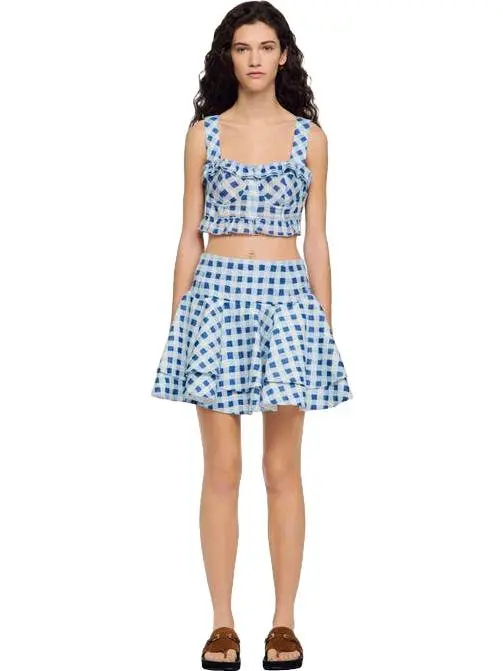 Sandro Short Gingham Linen Skirt - Blu/white
