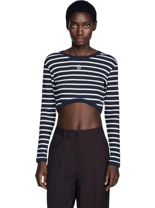 Sandro Cropped Striped Cotton T-shirt - Marine/blanc