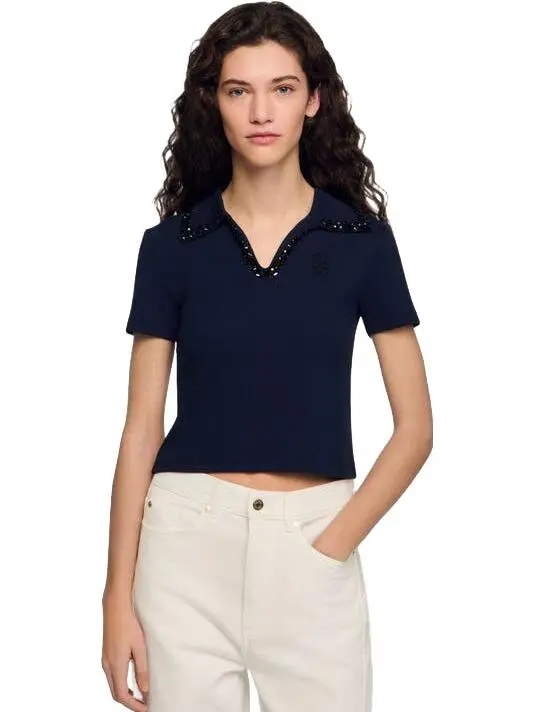 Sandro Cropped Polo With Beaded Collar - Navy Blue