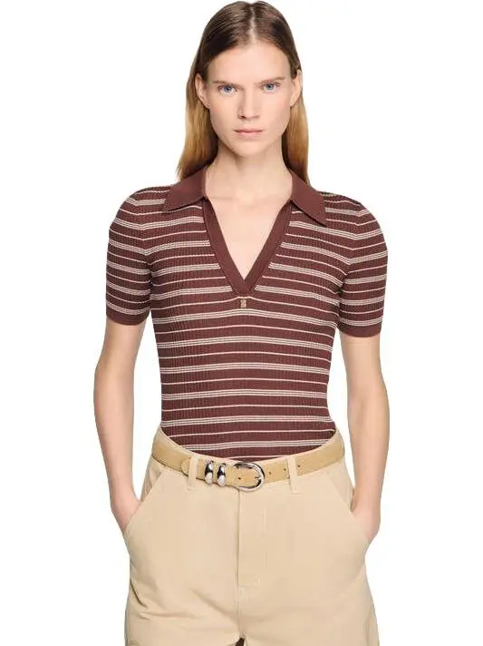 Sandro Striped V-neck Polo Sweater - Brown