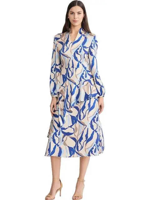 Misook Fit & Flare Printed Crepe De Chine Ruffle Maxi Dress - Biscotti/aegean Blue