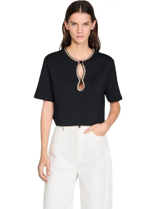 Sandro Rhinestone Embellished Cropped T-shirt - Black