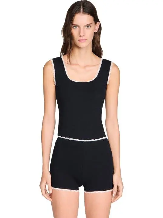 Sandro Beaded Embroidered Ribbed Shorts - Black