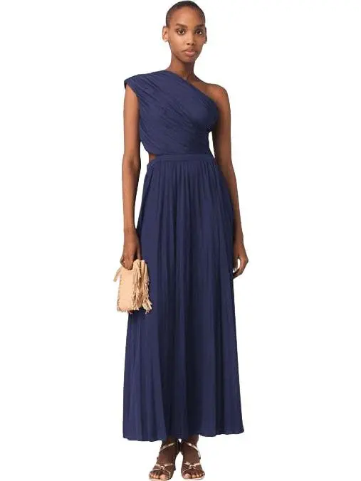 Maje Asymmetrical Pleated Maxi Dress - Navy