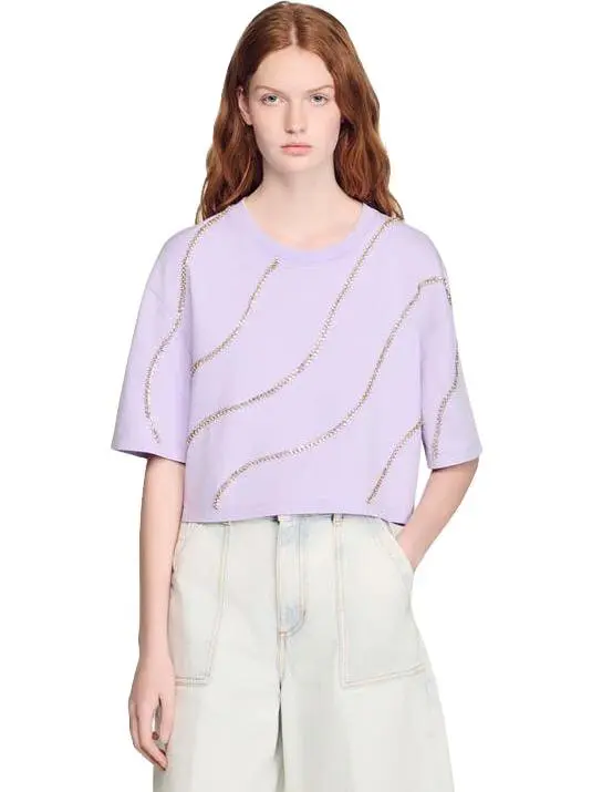 Sandro Rhinestone Trimmed Cropped T-shirt - Mauve