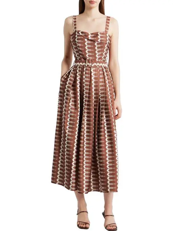 CIEBON Geo Print Belted Maxi Dress - Brown