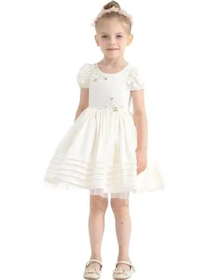 TULLEEN Embroidered Pleated Dress - Ivory