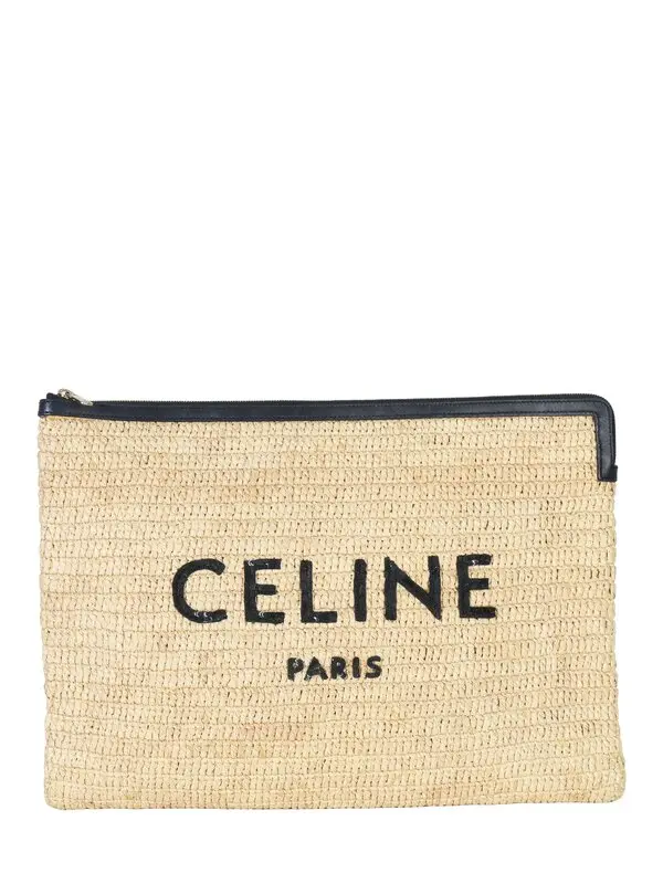 Celine Raffia Sequin Logo Clutch - Beige