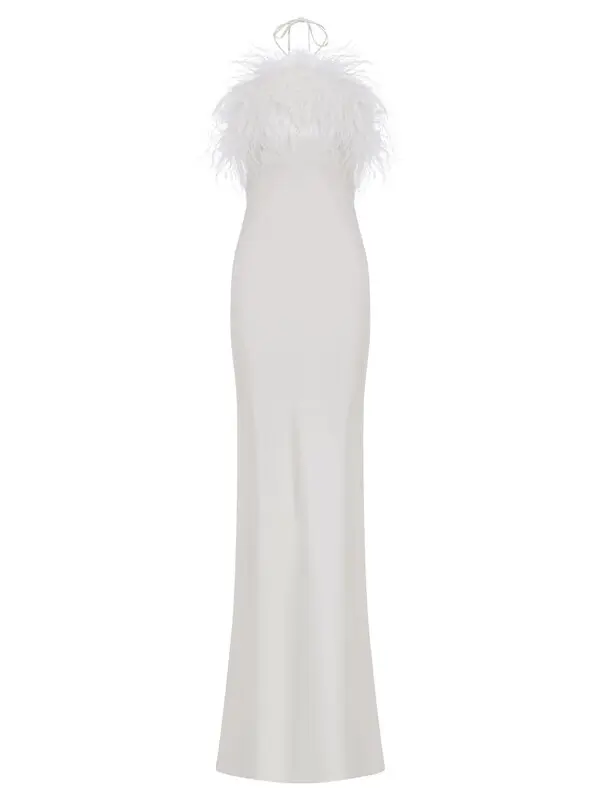 Ila Ada Feathered Satin Maxi Dress - White
