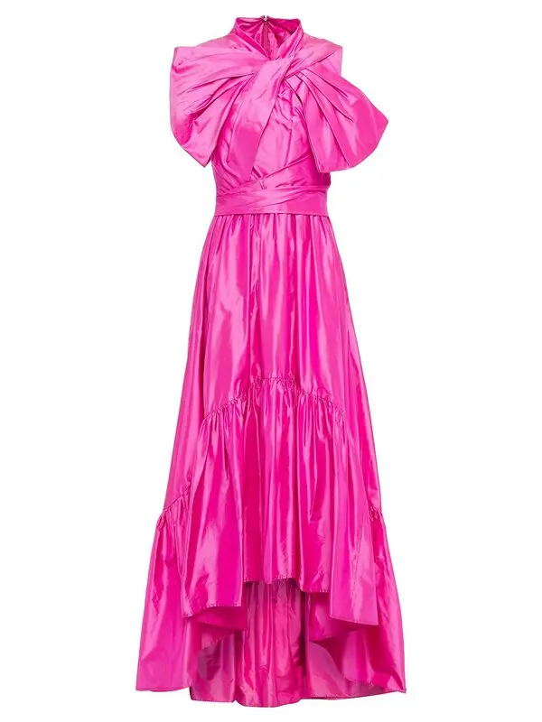 Talbot Runhof Asymmetric Bow-detailed Silk-taffeta Gown - Bright Pink