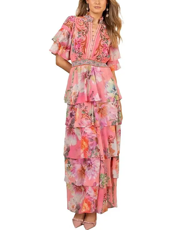 Hale Bob Itzayana Chiffon Maxi Dress - Coral