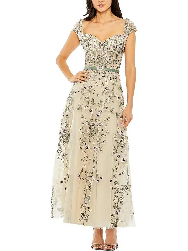 Mac Duggal Floral Embroidered Sweetheart Neckline Midi Dress - Nude Multi