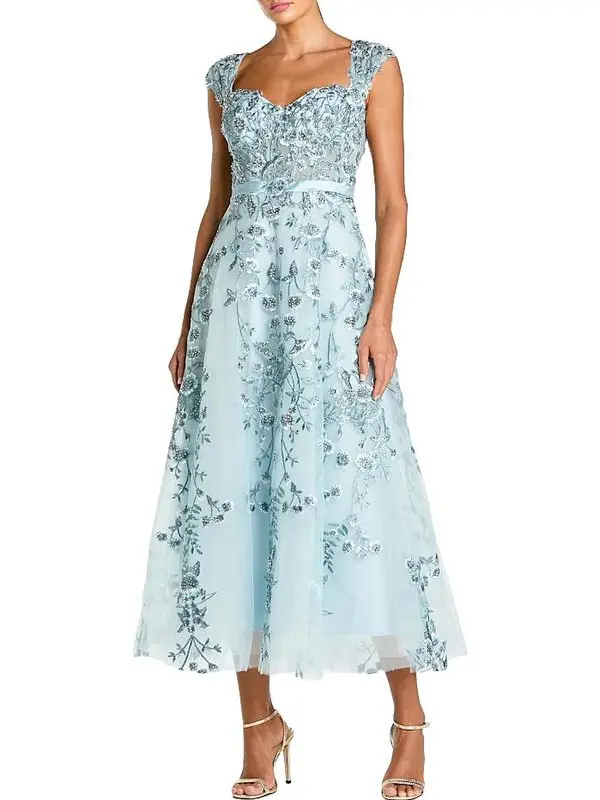 Mac Duggal Floral Embroidered Sweetheart Neckline Midi Dress - Powder Blue