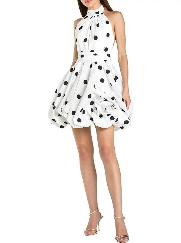 Mac Duggal Halterneck Sleeveless Polka Dot Mini Dress - Black Ivory