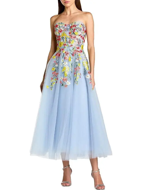 Mac Duggal Strapless Floral Embroidered A-line Midi Dress - Periwinkle Multi