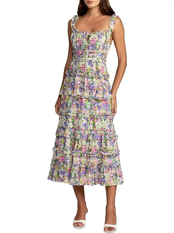 Mac Duggal Floral Ruffle Cotton A-line Midi Dress - Multi