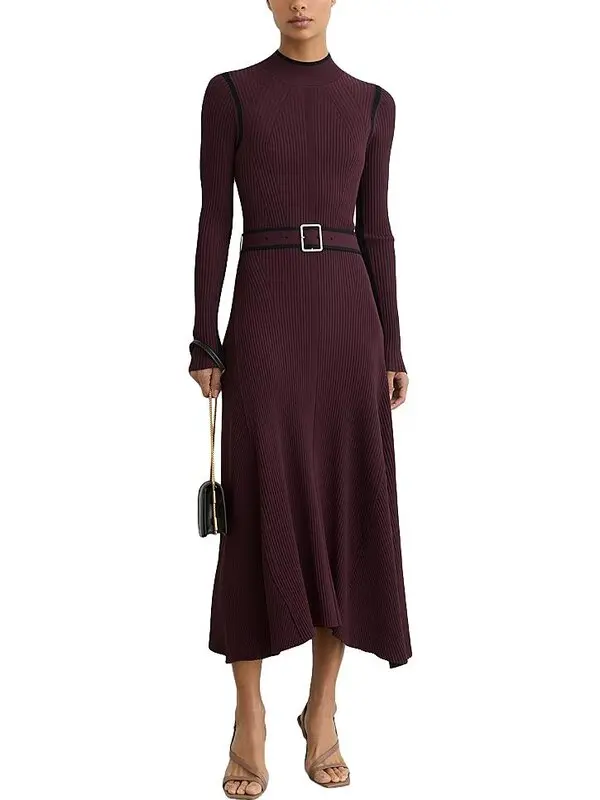 REISS Ella Knit Midi Dress - Burgundy/black