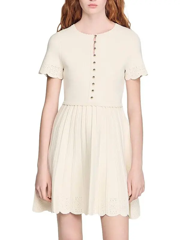 Sandro Knit Dress With Button Detail And Scalloped Hem - Ecru