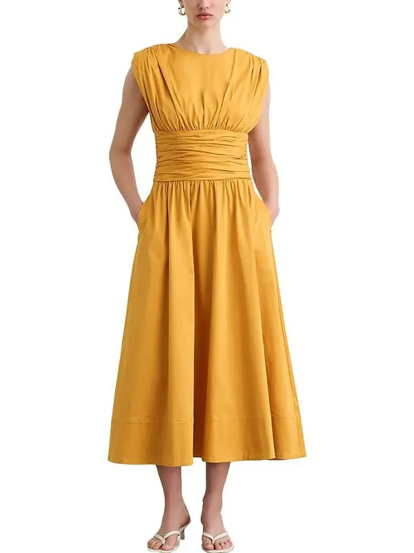 TOCCIN Evangeline Strong Shoulder Midi Dress - Marigold