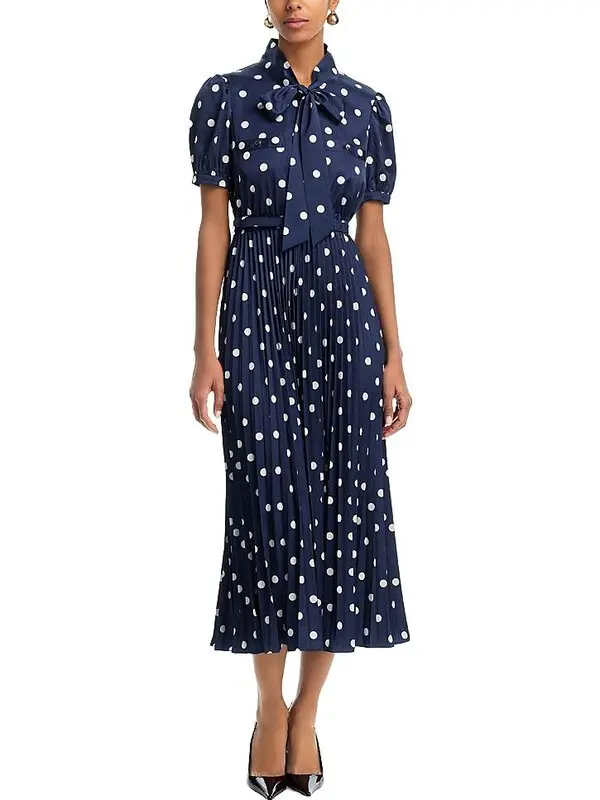 SELF-PORTRAIT Polka Dot Satin Midi Dress - Navy