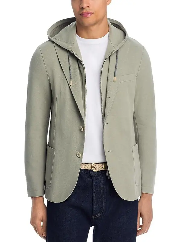 Eleventy Cotton Pique Jersey Jacket With Removable Hood - Sage