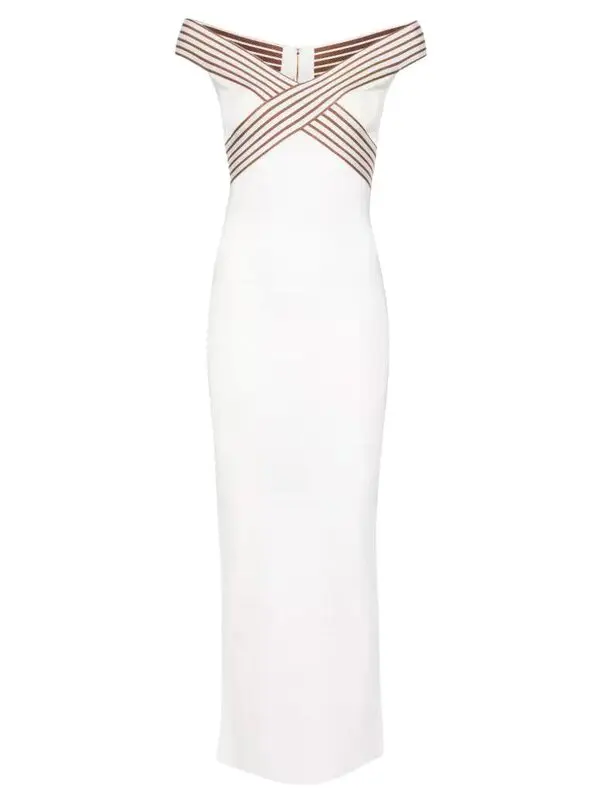 Elisabetta Franchi Off-the-shoulder Striped Knit Maxi Dress - Neutrals