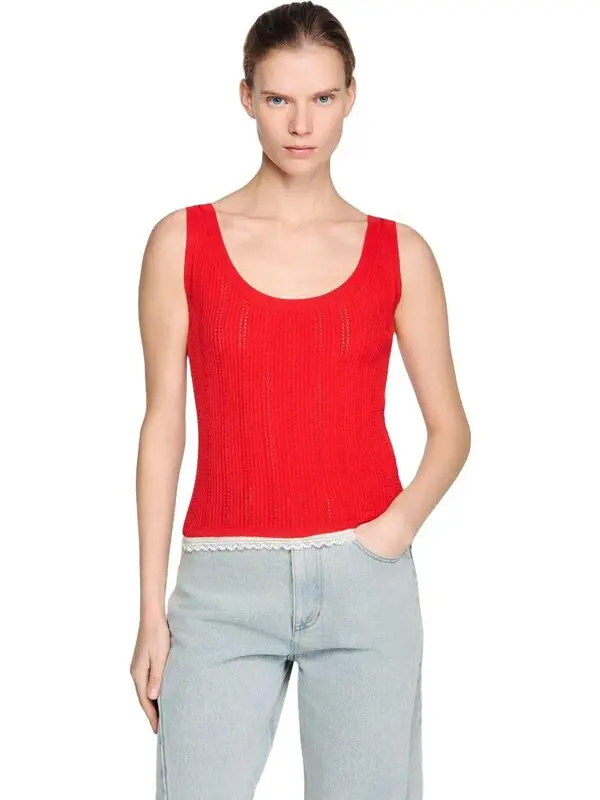 Sandro Knit Tank With Lace Trim - Red