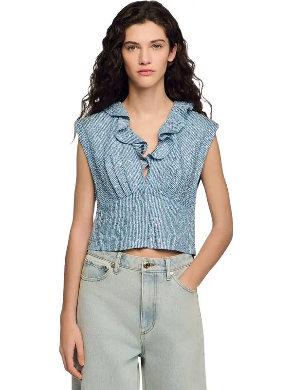 Sandro Striped Sequin Crop Top - Blue
