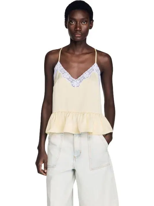 Sandro Satin-effect Ruffle Trimmed Top - Light Yellow