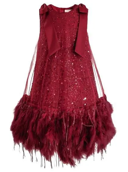 TULLEEN Sequin Feathered Hem Sleeveless Dress - Red