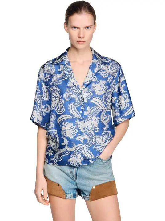 Sandro Floral Print Button-down Shirt - Blue/ecru