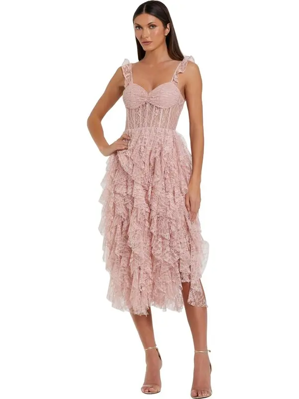 Mac Duggal Lace Ruffle Tiered Midi Dress - Blush