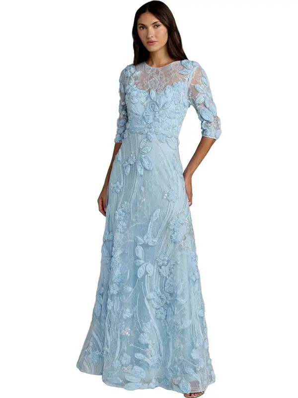 Mac Duggal High Neck Embellished Lace Gown - Blue
