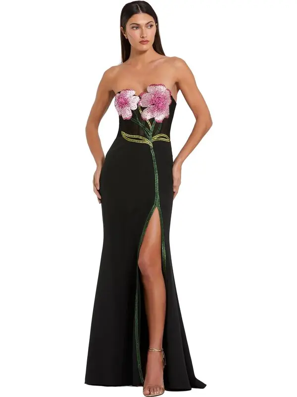 Mac Duggal Strapless Embroidered Bustier Gown - Black