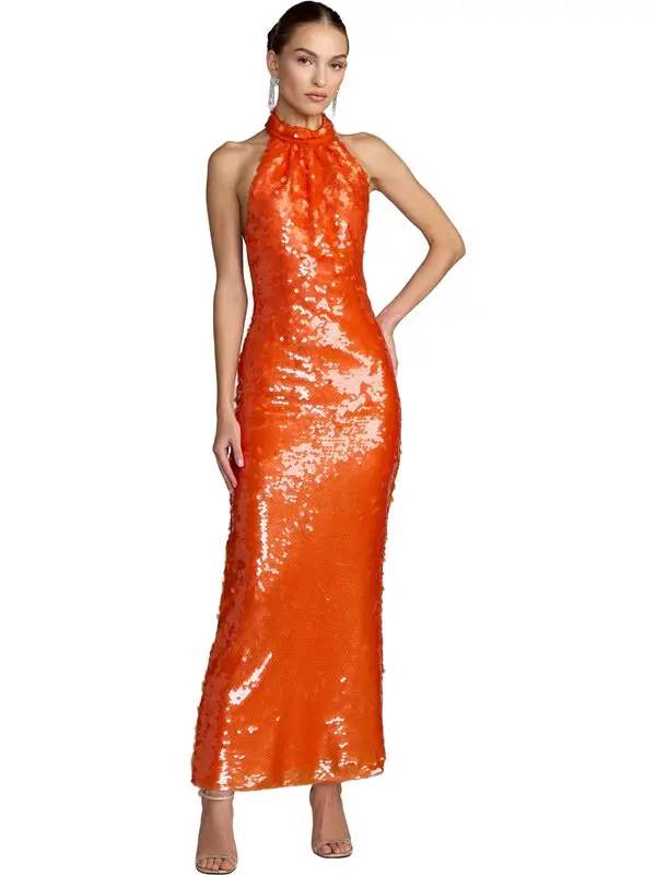Mac Duggal Sequin Halter Gown With Open Back - Orange