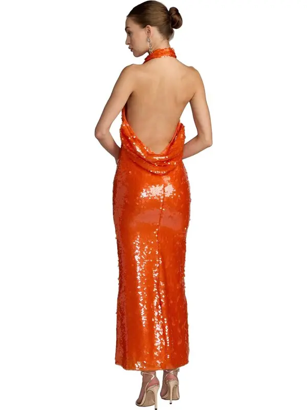 Mac Duggal Sequin Halter Neck Open Back Dress - Orange