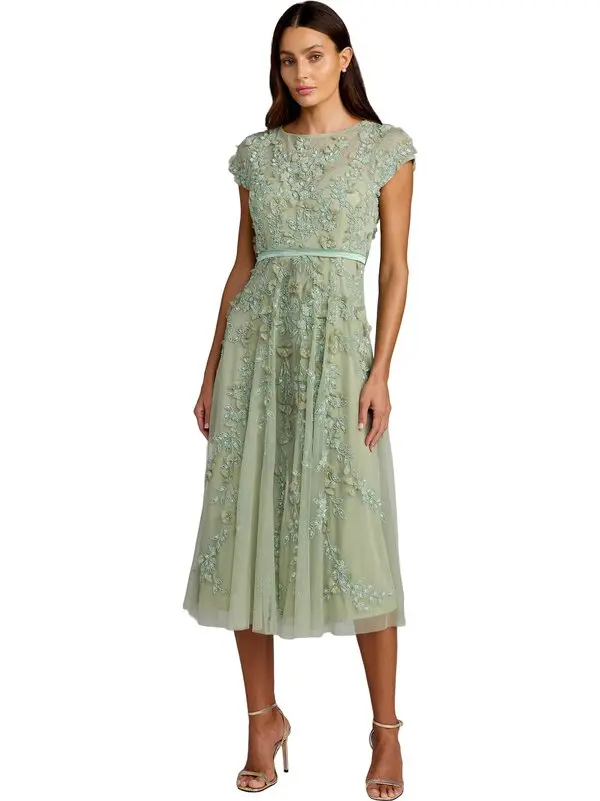 Mac Duggal Floral Embellished Cap Sleeve Midi Dress - Sage